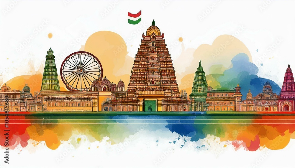 Ilustrace „Watercolor panorama of Tamil Nadu’s iconic landmarks ...