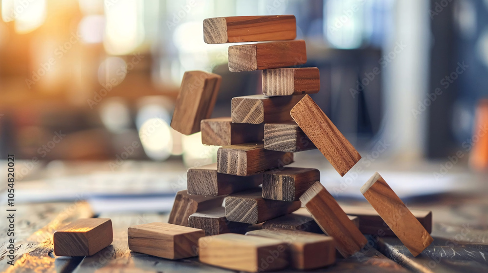 Falling wooden block tower representing risk, instability, and the ...