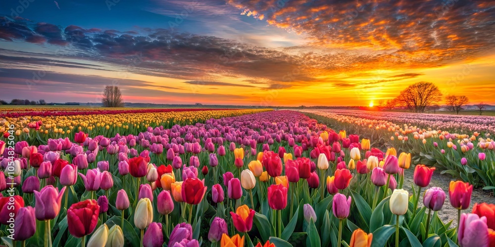 A vibrant panorama of blooming tulips basking in the golden glow of a ...
