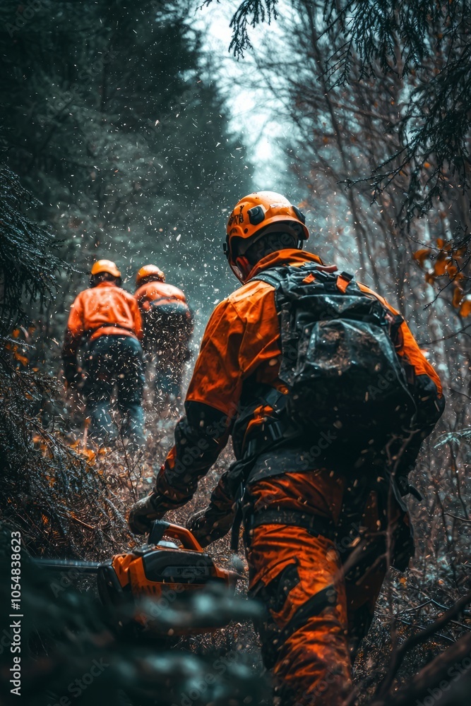 Forestry workers using chainsaws to cut down trees in a forest. They ...