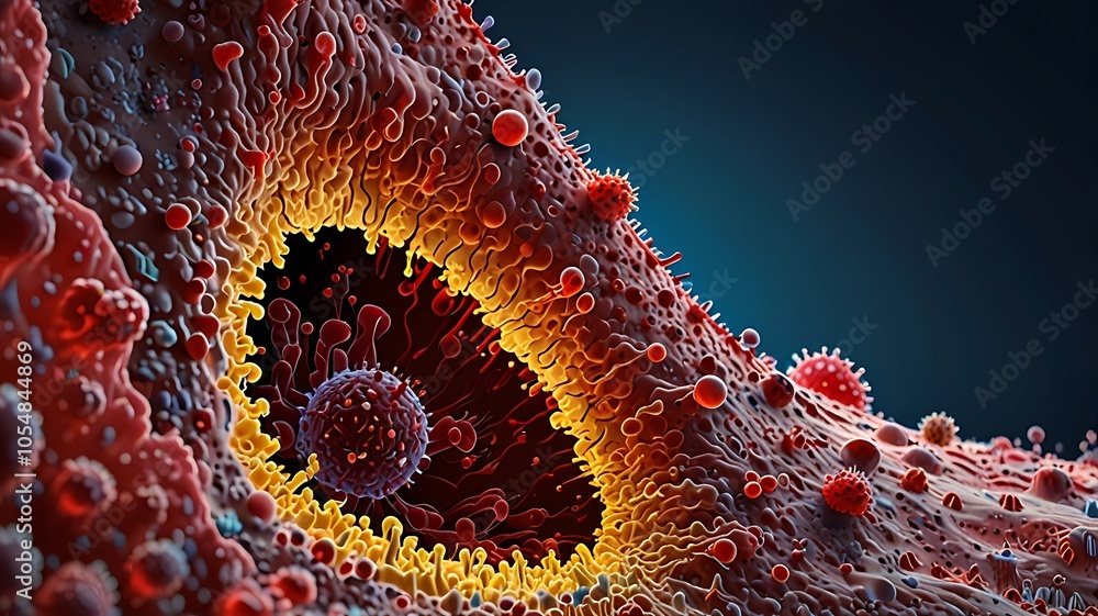 Detailed cross-section of a cell infected by a virus, showing how the ...
