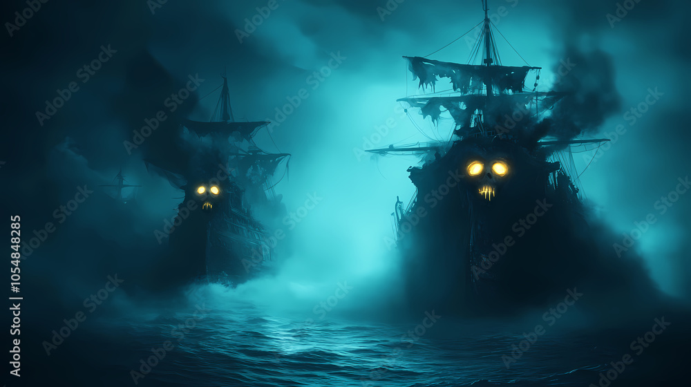 Haunted ghost ships with eerie glowing faces emerge from mystical fog ...