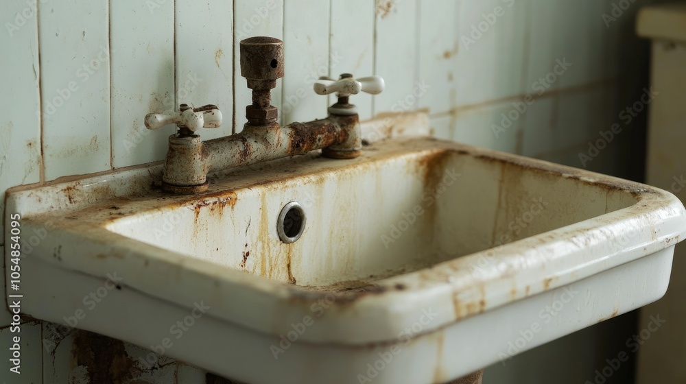 A white sink with visible grime and rusted handwashing pipe, showing ...