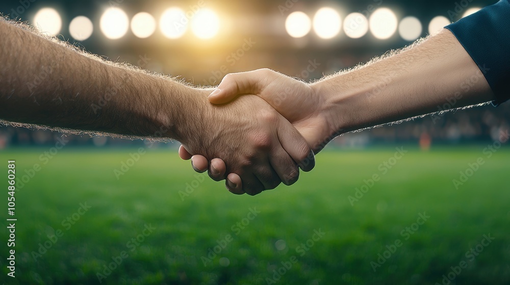 Handshake on sports field under bright stadium lights representing fair ...