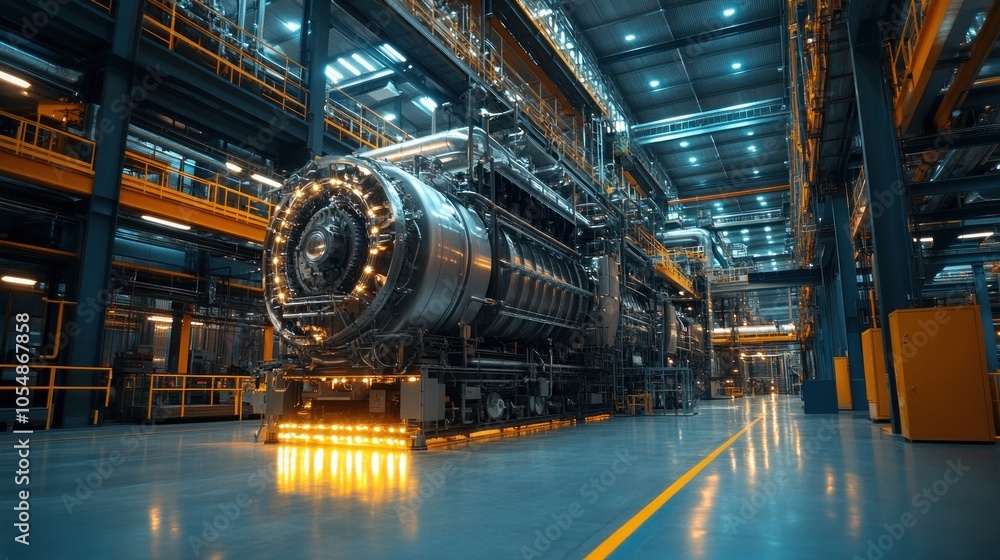 Industrial engine room interior. Industrial power plant main generator ...