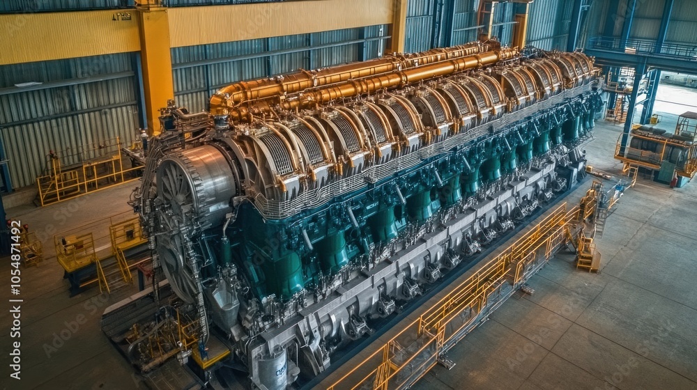 Industrial engine room interior. Industrial power plant main generator ...