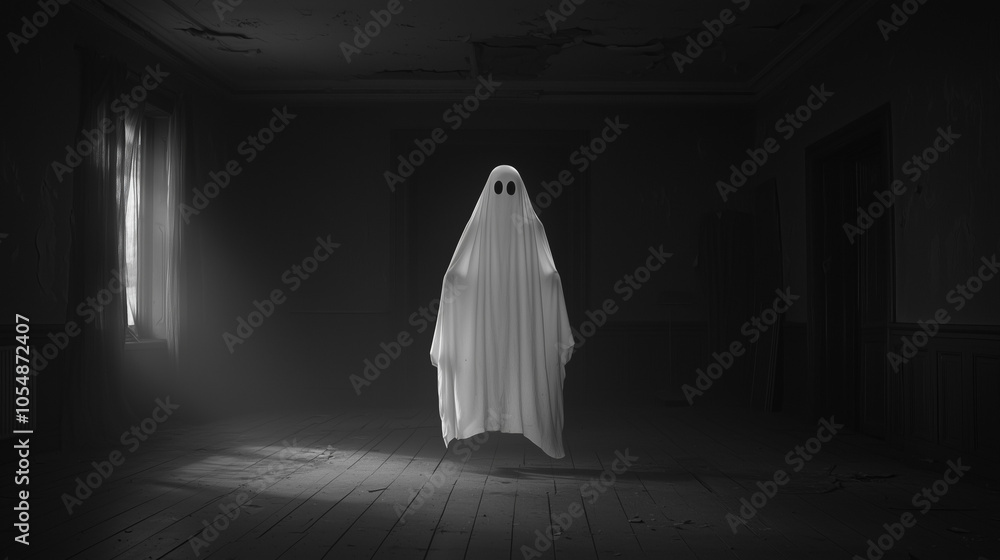 Ghostly Presence in a Haunted Room: A solitary ghost, shrouded in a white sheet, stands in a ...