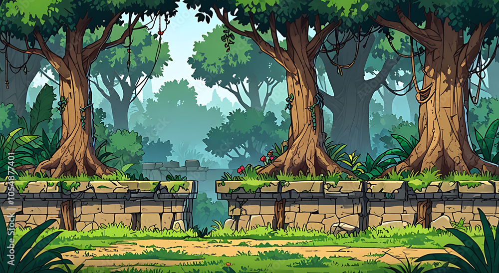 2D jungle platform background with layered trees, vines, and stone ...