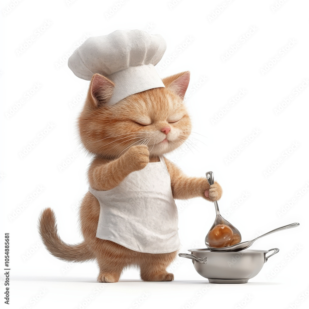 Cute chef cat cooking in kitchen, wearing chef hat and apron, stirring ...
