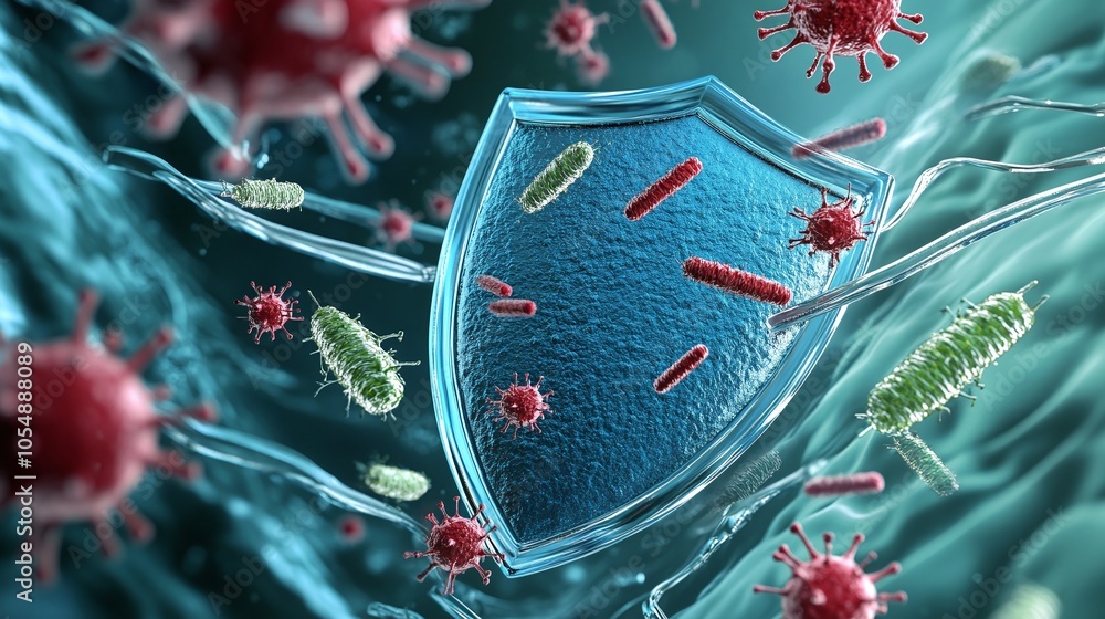 Blue Shield with Floating Germ Icons: A blue shield icon with various ...