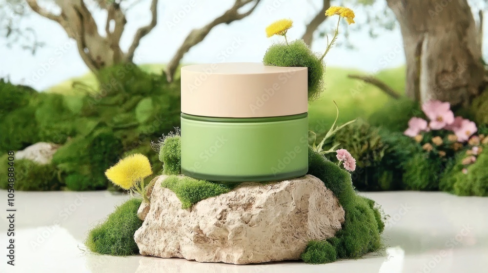 Elevate your skincare routine with nature-inspired hydration in an eco-friendly jar surrounded ...