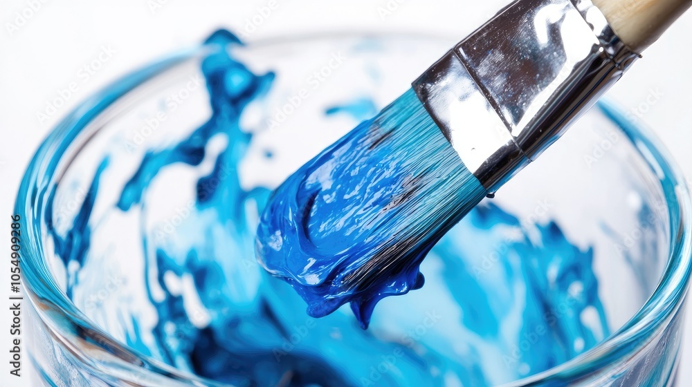 Close-up of an art brush in a glass of water, blue paint gradually ...