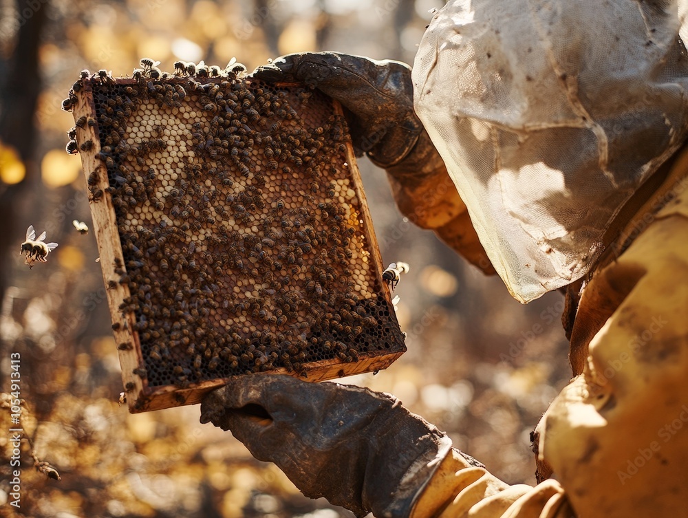 A beekeeper lifting a frame from a hive, carefully inspecting the bees ...