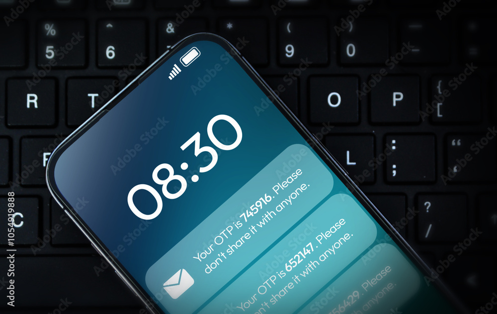 OTP message notification on mobile screen with laptop in the backdrop ...