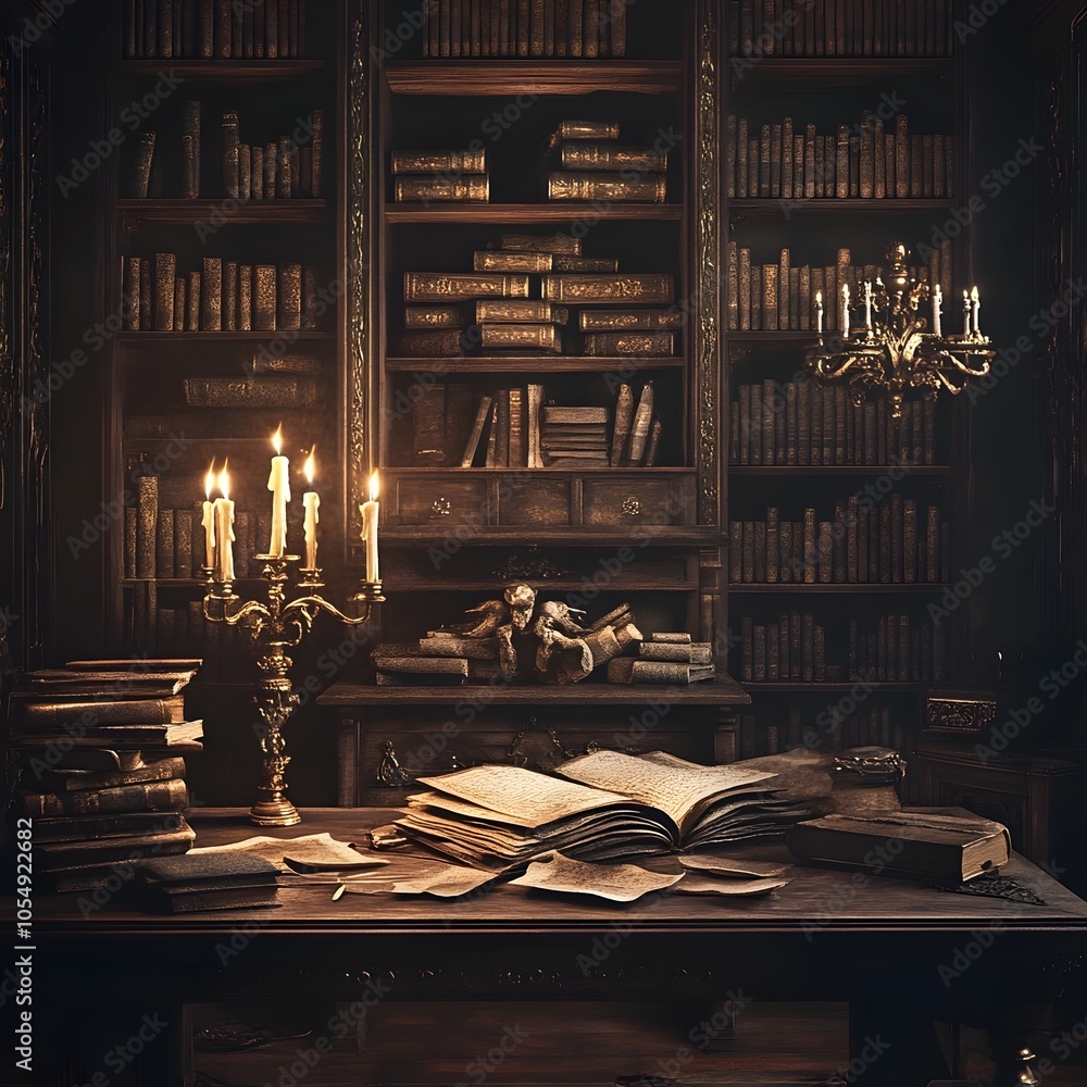 Mystic Alcove of an Ancient Scriptorium with Flickering Candles and ...
