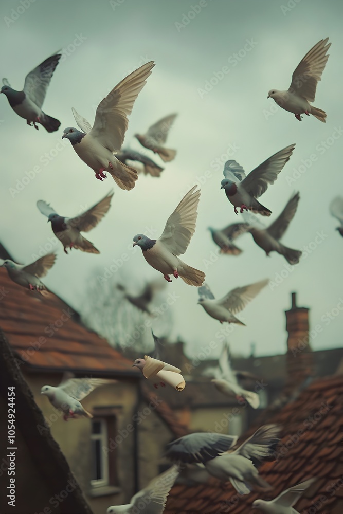 Ascending Flock of Elegant Carrier Pigeons Bearing Messages Across ...