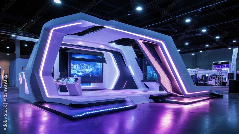 ภาพประกอบสต็อก Futuristic trade show booth design with LED lighting ...