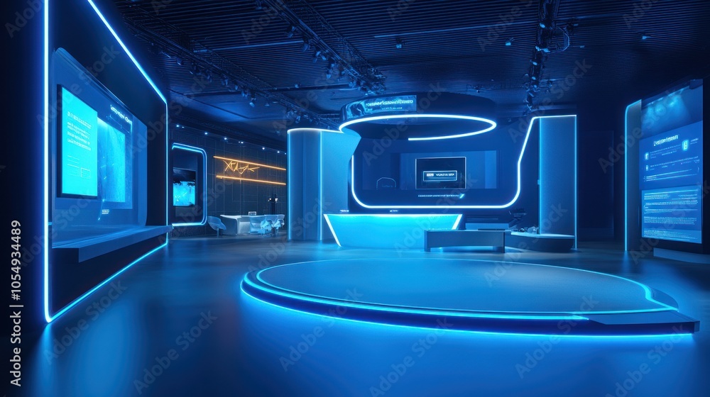 Modular exhibition booth 3D render with futuristic elements, LED ...