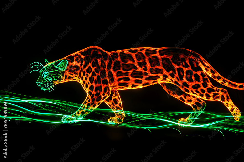 An electrifying neon outline of a leopard in motion, surrounded by ...