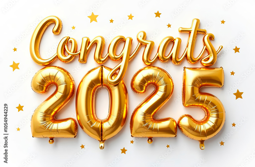 Banner with congratulations 2025 shiny golden balls, on a white ...