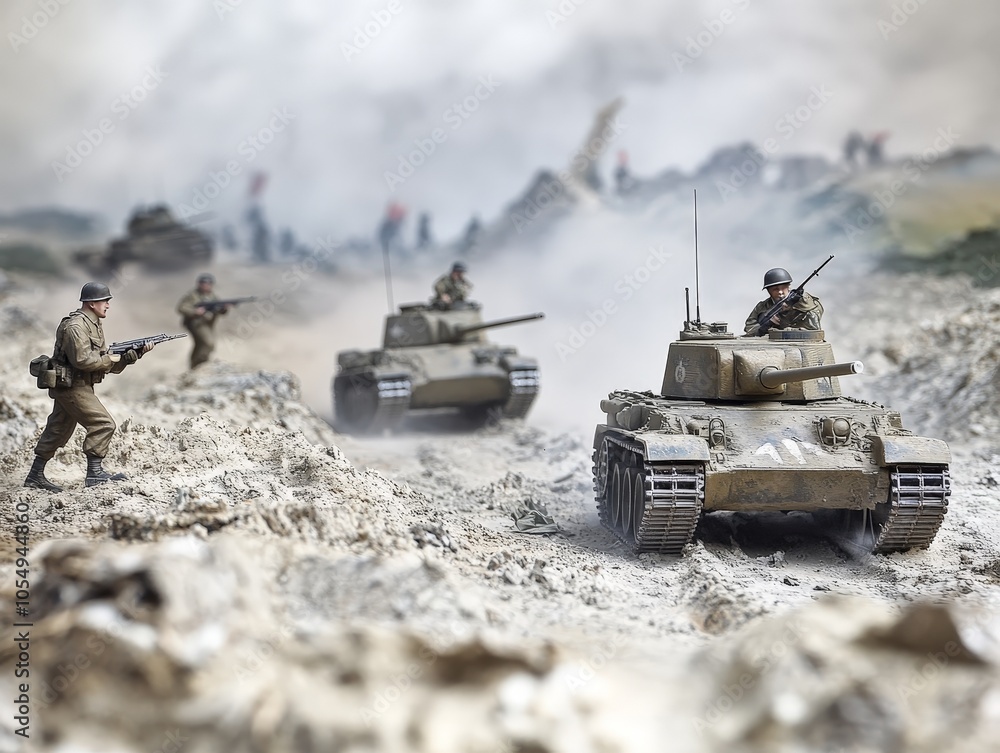 A WWII reenactment of a tank assault, with Sherman tanks rolling over ...