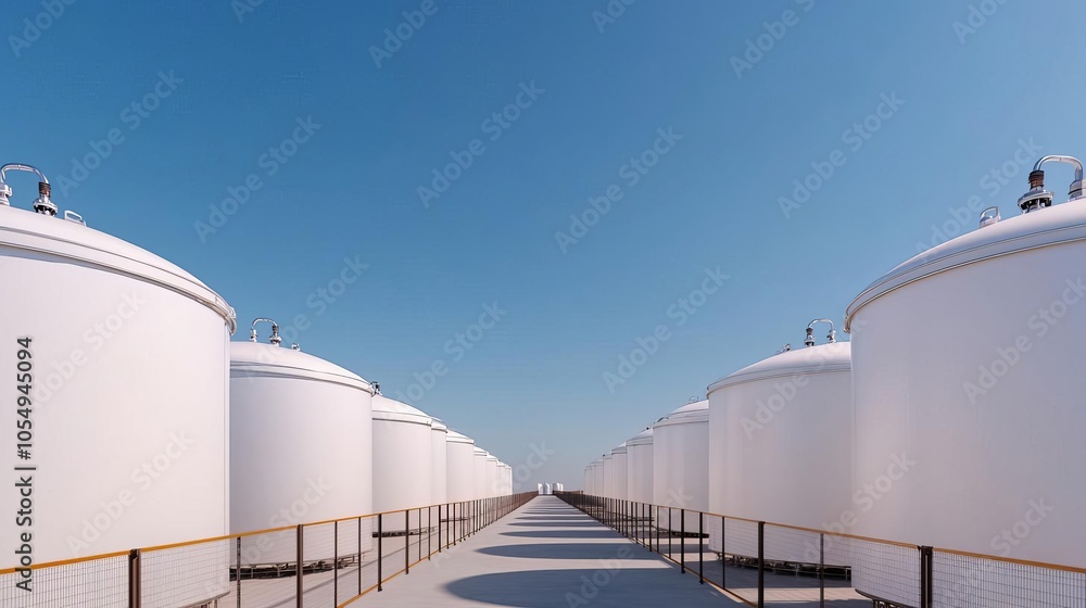 Chemical plant with organized rows of storage tanks, pipes, safety ...
