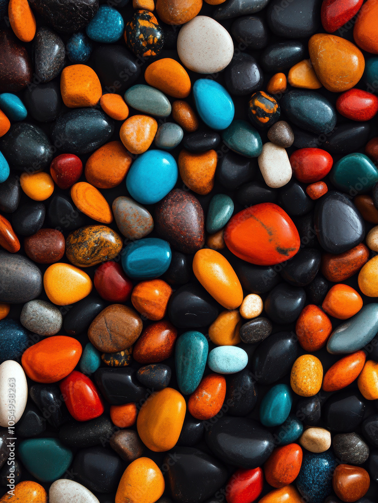 A colorful arrangement of smooth, varied pebbles creates a striking ...