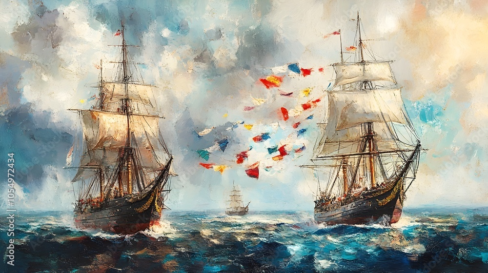 Dramatic Maritime Signaling at Sea Two Tall Ships Communicating with ...