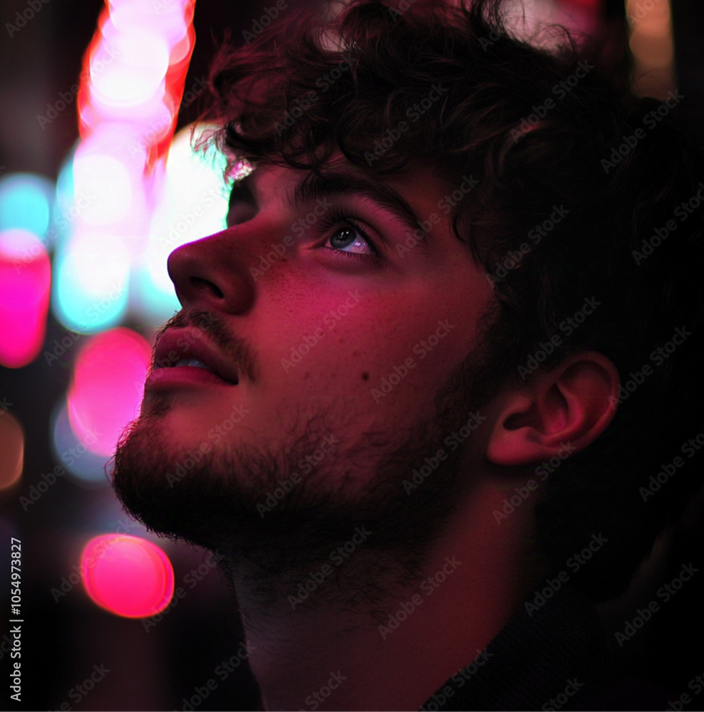 a young man, close-up of his face, it looks up in profile, its dark in ...