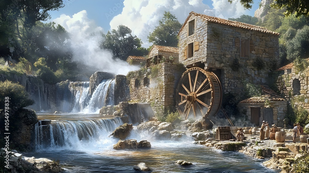 Ancient Greek Water Mill in with Cascading Waterfall and Rustic Stone ...