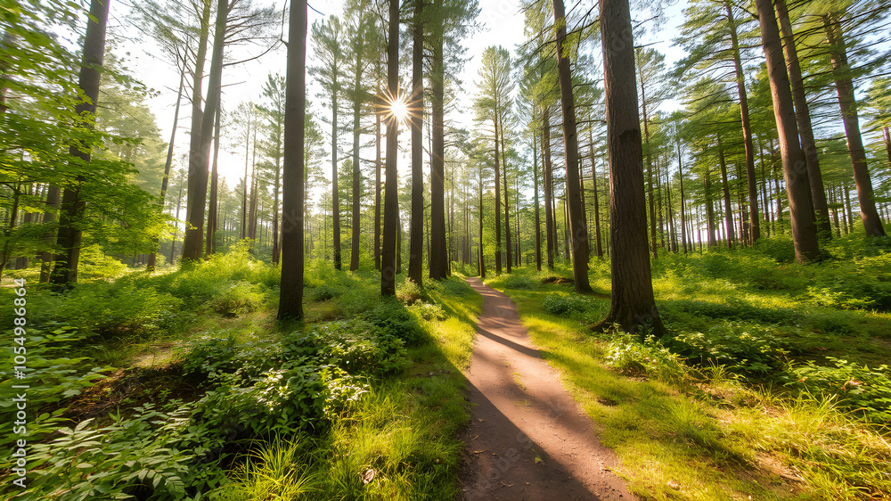 Un sendero serpenteante en un bosque frondoso con rayos de sol que se ...