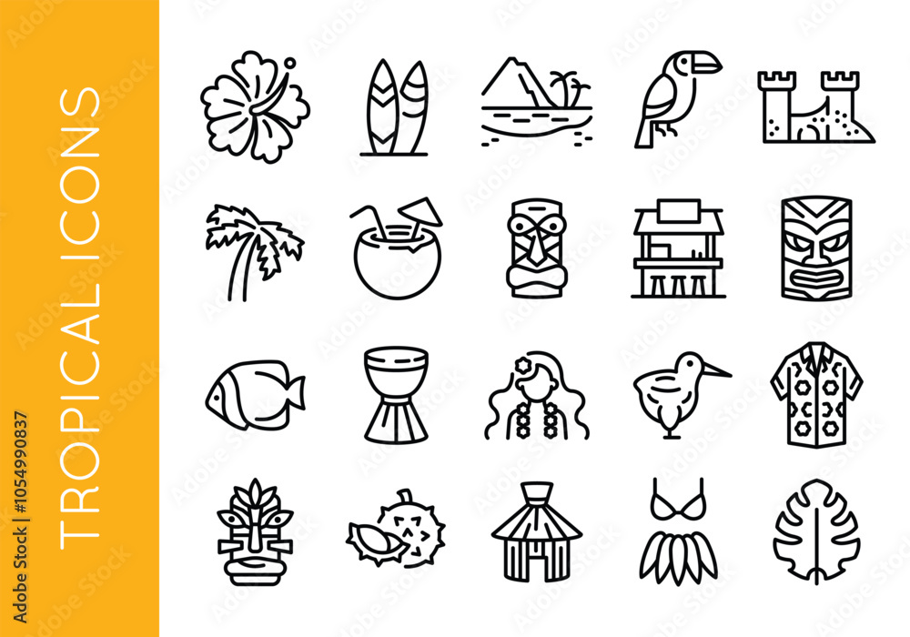 Tropical icons. Set of 20 trendy minimal tropical icons. Hibiscus, Palm ...