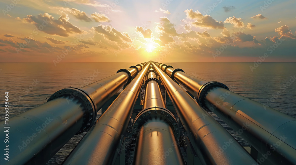 Parallel offshore oil pipelines illuminated by the sun, stretching ...