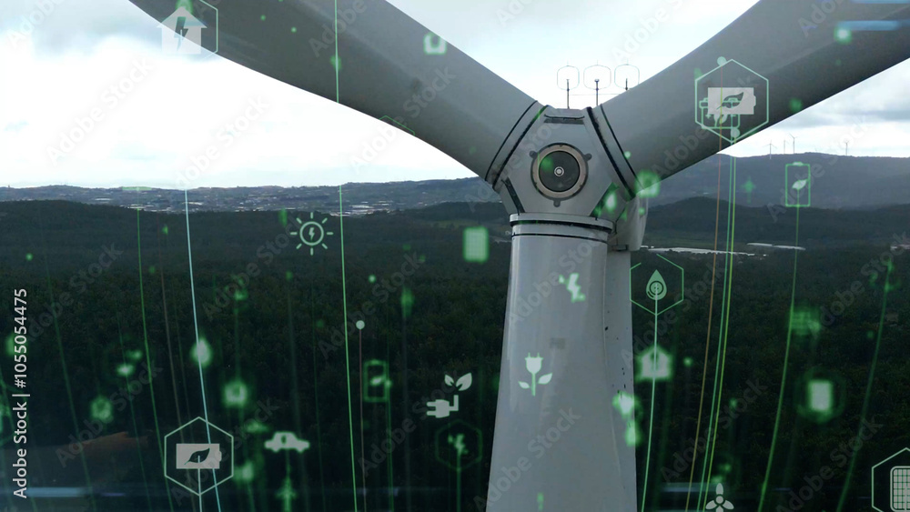 Alternative Energy. Wind farm. Aerial view of horizontal-axis wind turbines generating ...