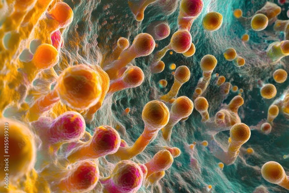 A magnified view of bacterial cells forming a biofilm, with the cells ...