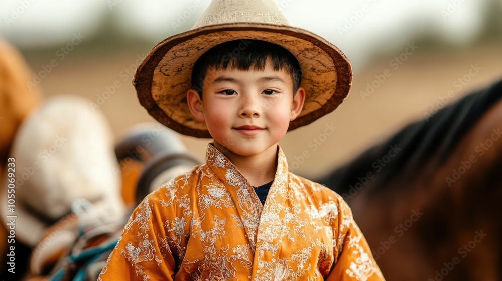 Young Mongolian boy wearing traditional attire riding a horse during a ...