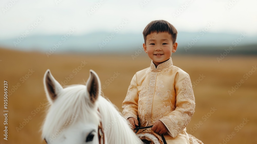 Young Mongolian boy wearing traditional attire riding a horse through a ...