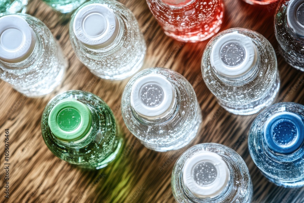 Clear plastic water bottles set with blank labels and colorful caps ...