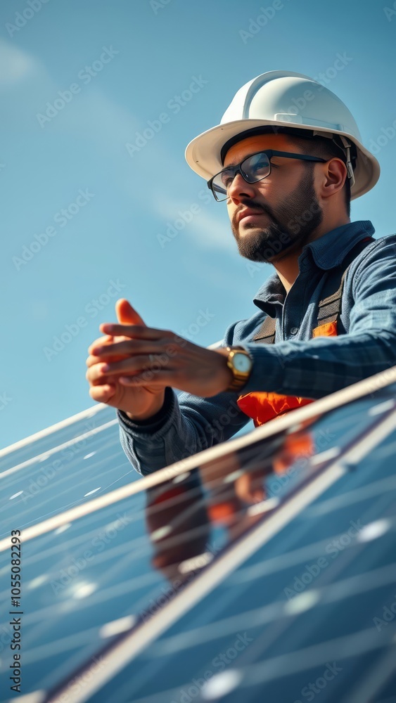 Male worker hands in glows on solar panel technician installing solar ...