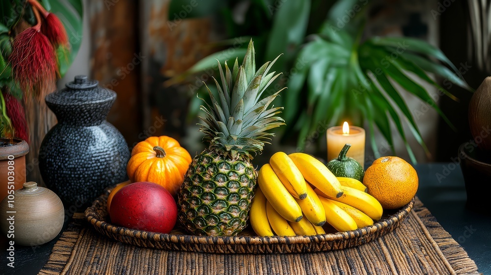 Fresh fruits and vegetables, Kwanzaa harvest, on a traditional Mkeka ...