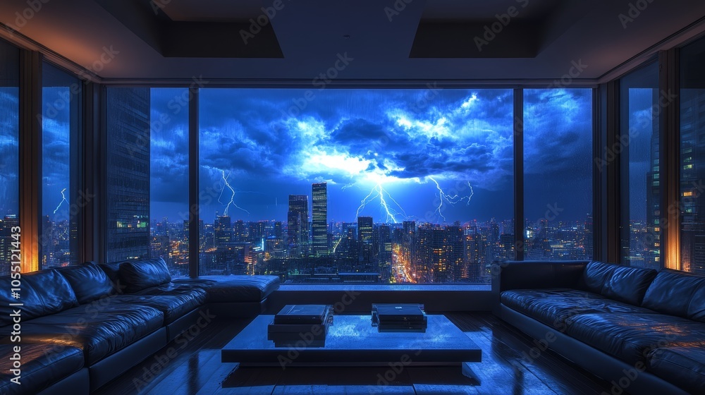 A luxurious living room with a large window overlooking a cityscape ...