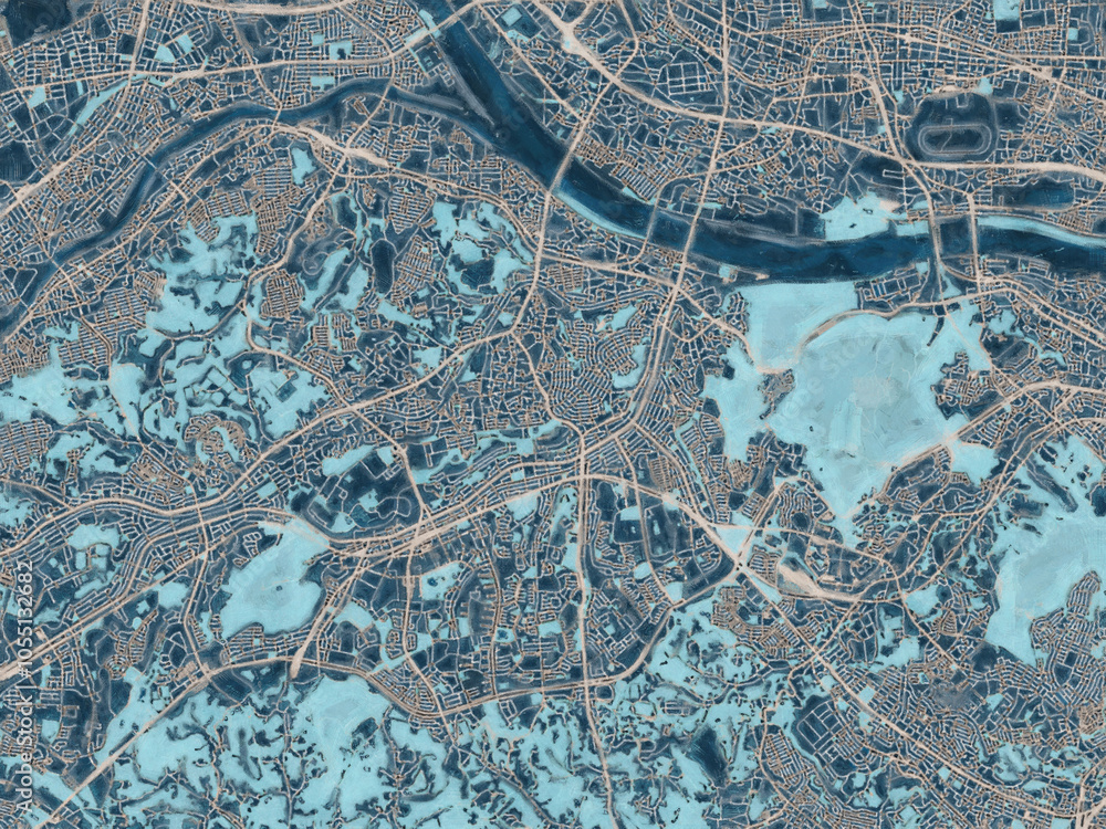 Painterly Style City Map of Tama, Japan in a Blue Color Scheme. Stock ...