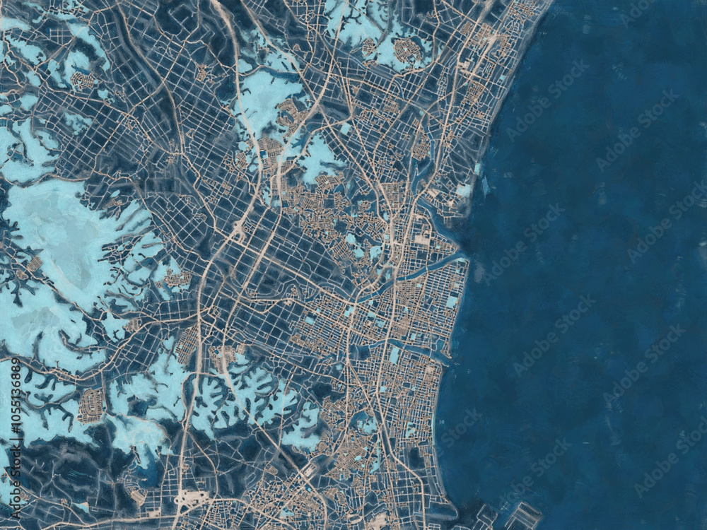 Painterly Style City Map of Tsu, Japan in a Blue Color Scheme. Stock ...