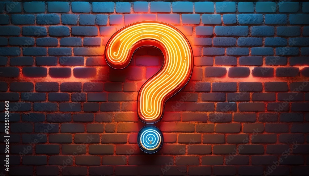 Neon sign in form of a question mark on a wall background representing ...