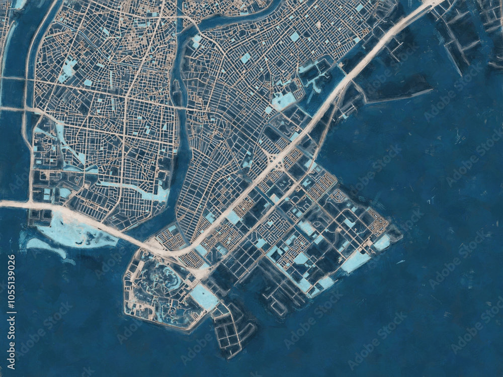 Painterly Style City Map of Urayasu, Japan in a Blue Color Scheme ...