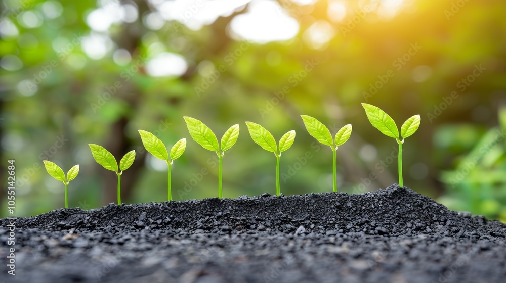 Row of green plant sprouts set against a lush forest backdrop in nature ...
