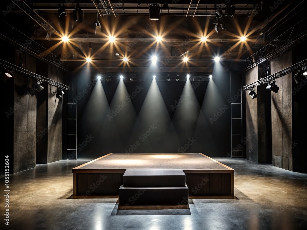 Bare black box theater stage featuring spotlighting and theatrical ...