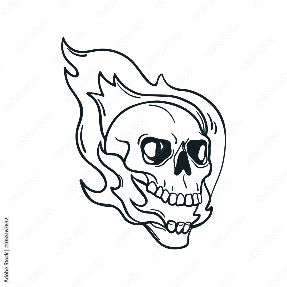 Burning skull with fire flames, ink drawing. Vintage skeleton, dead ...