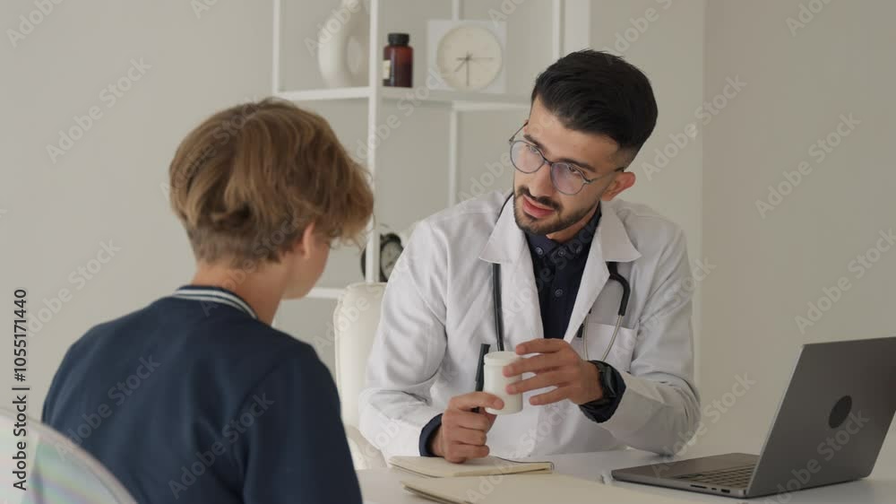 Male doctor recommending medicine pills drugs from flu, cold, coughing ...