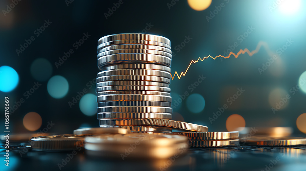 Stacked coins with a line chart overlay, capturing the changing trends ...